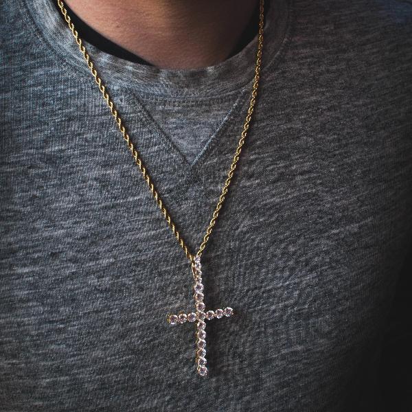 Long Diamond Cross Necklace in White/Yellow Gold - The Jewelry Plug