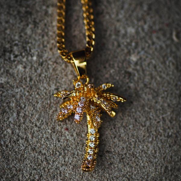 18k Yellow Gold Iced Palm Tree Pendant Necklace - The Jewelry Plug